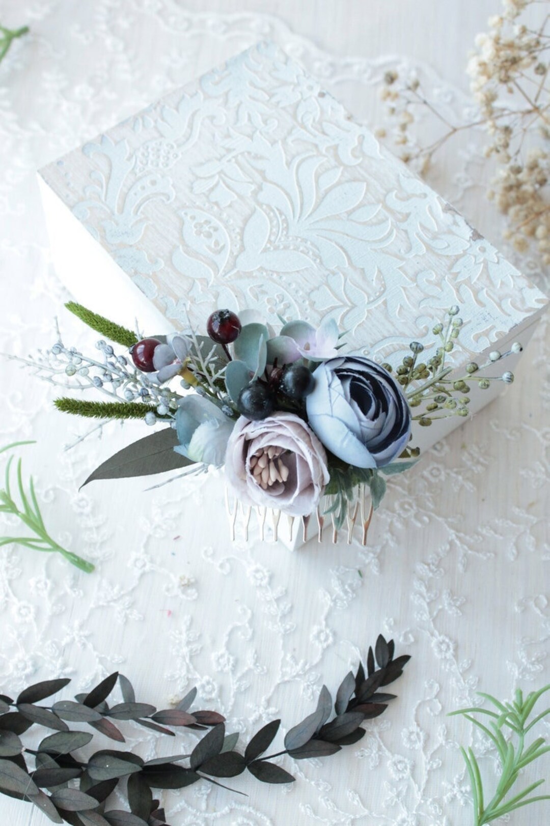 Winter Flower Comb, Christmas Photoshoot, Winter Wedding, Dusty Blue ...
