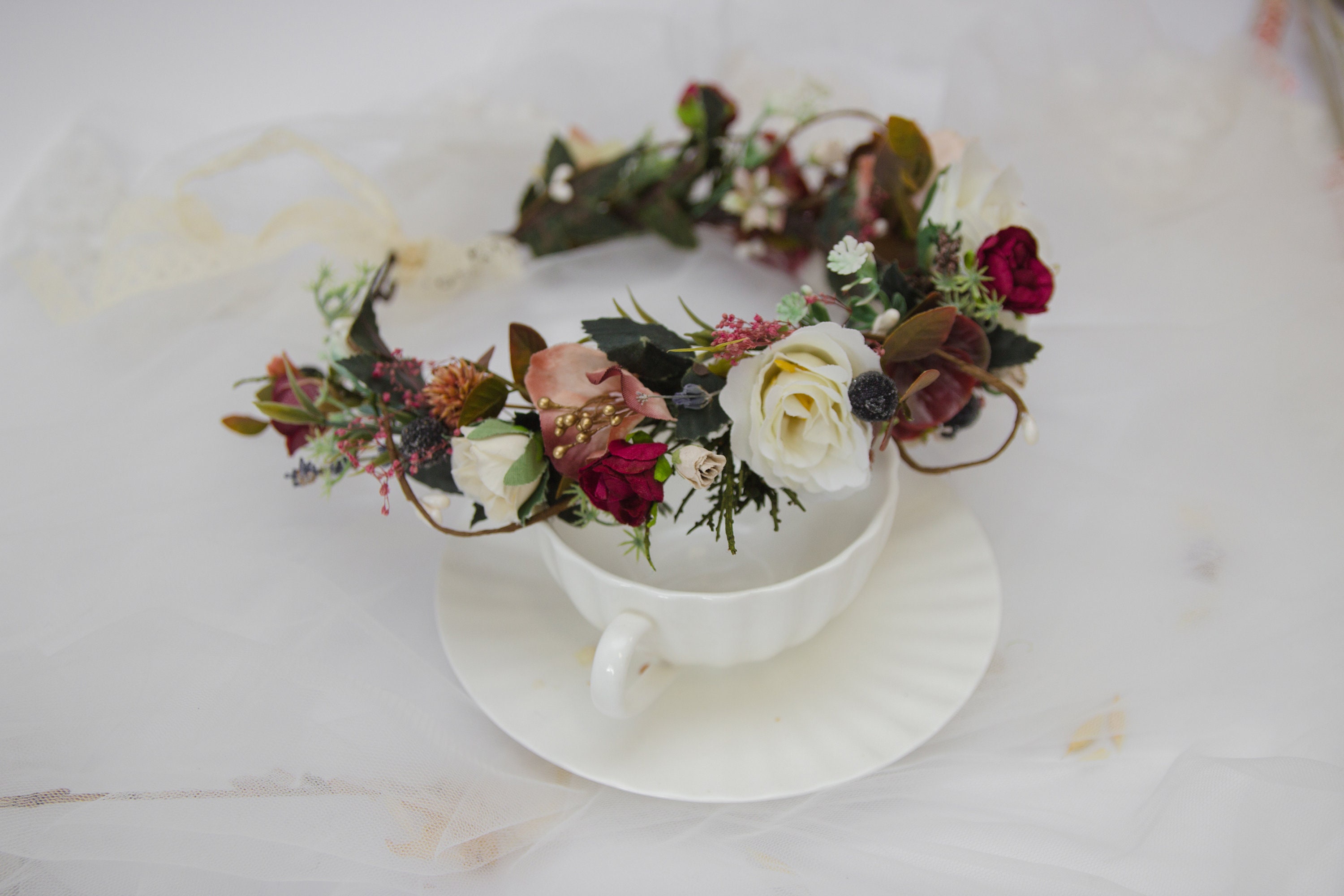 Beige wedding Burgundy flower crown Fall flower headband | Etsy