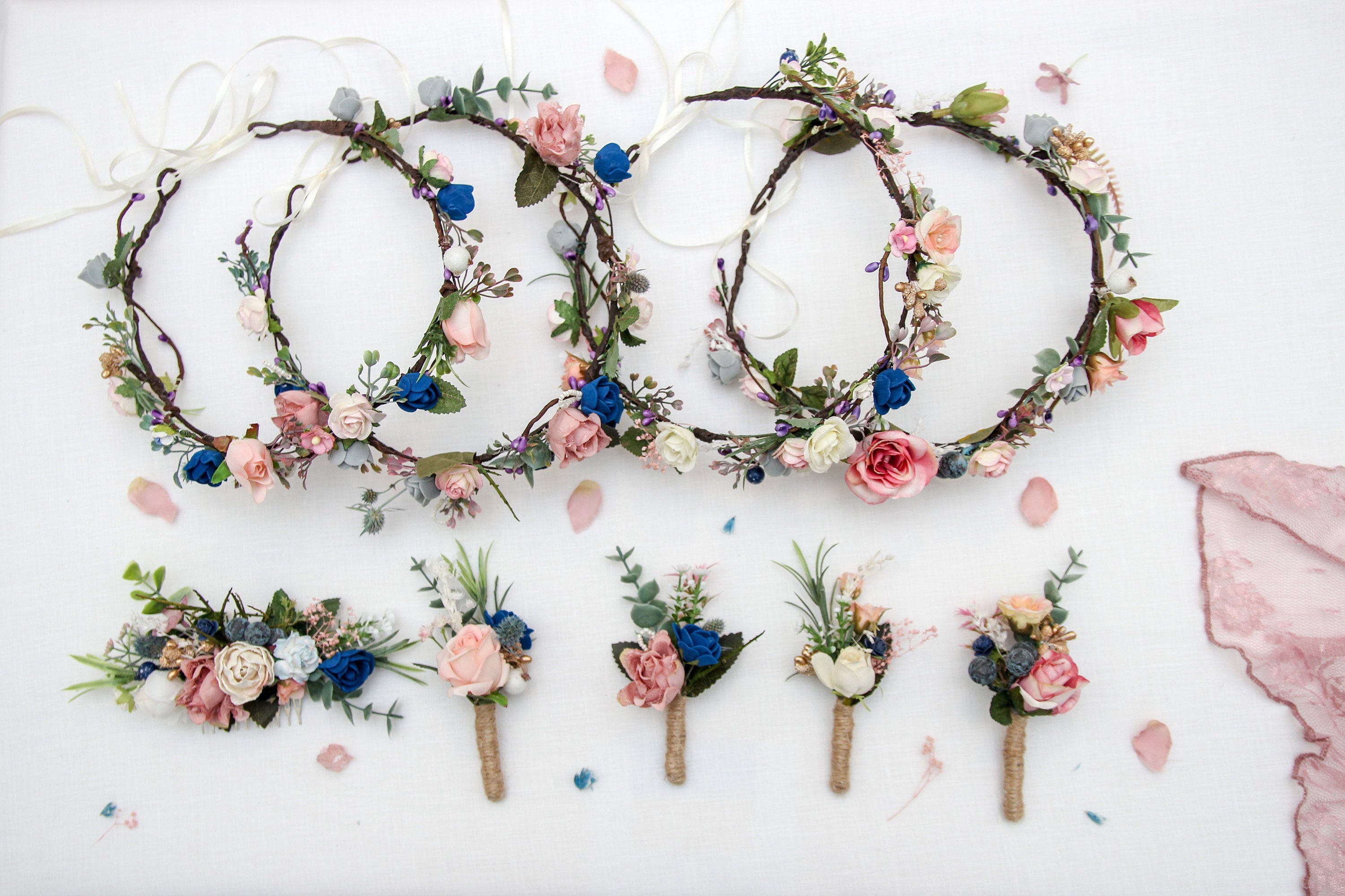 Dusty Pink Floral Accessories Set, Bride Flower Crown, Blush Flower ...