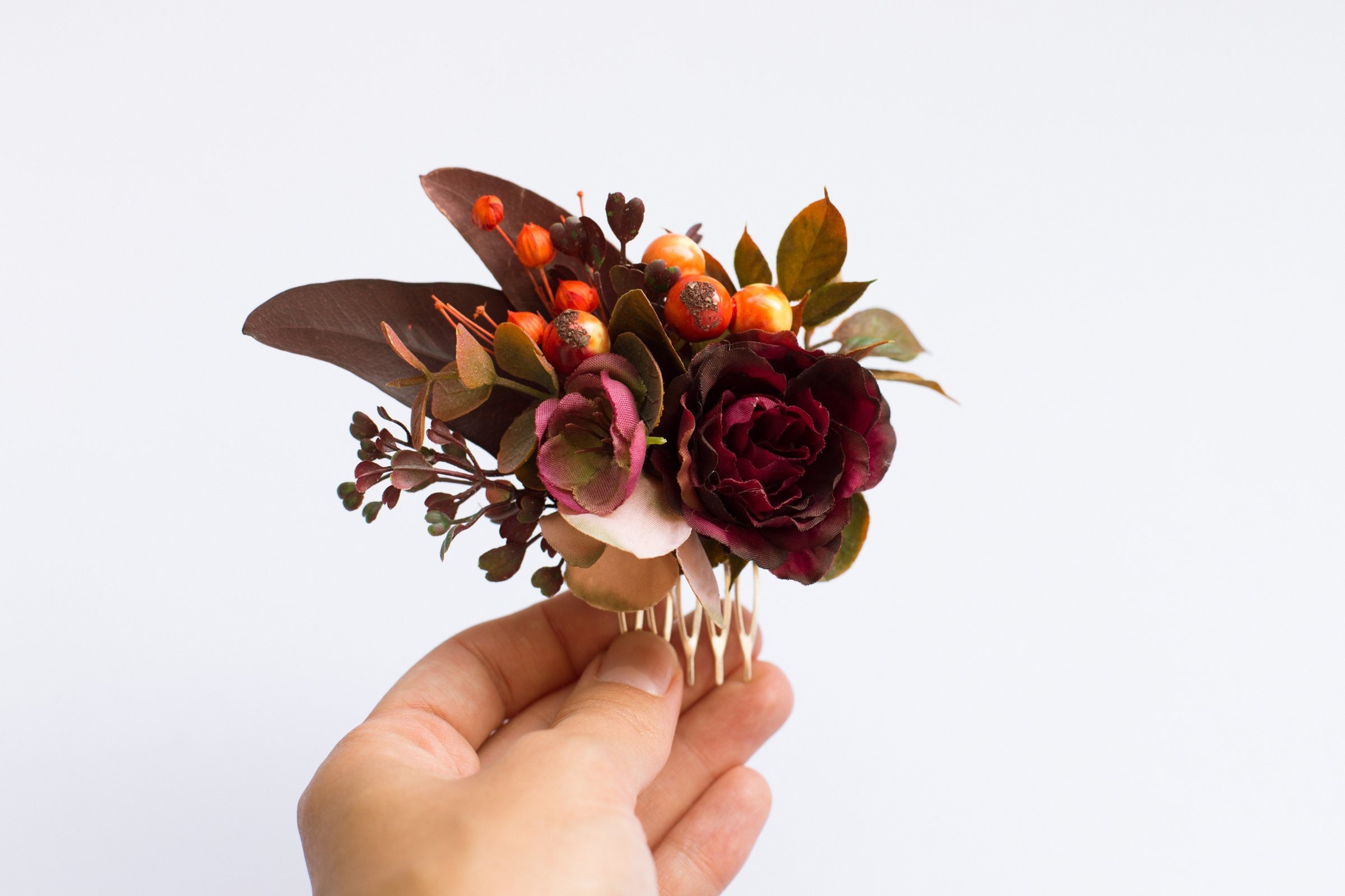 Fall Wedding Comb, Burgundy Hair Comb, Orange Hairpiece, Brown Bridal ...