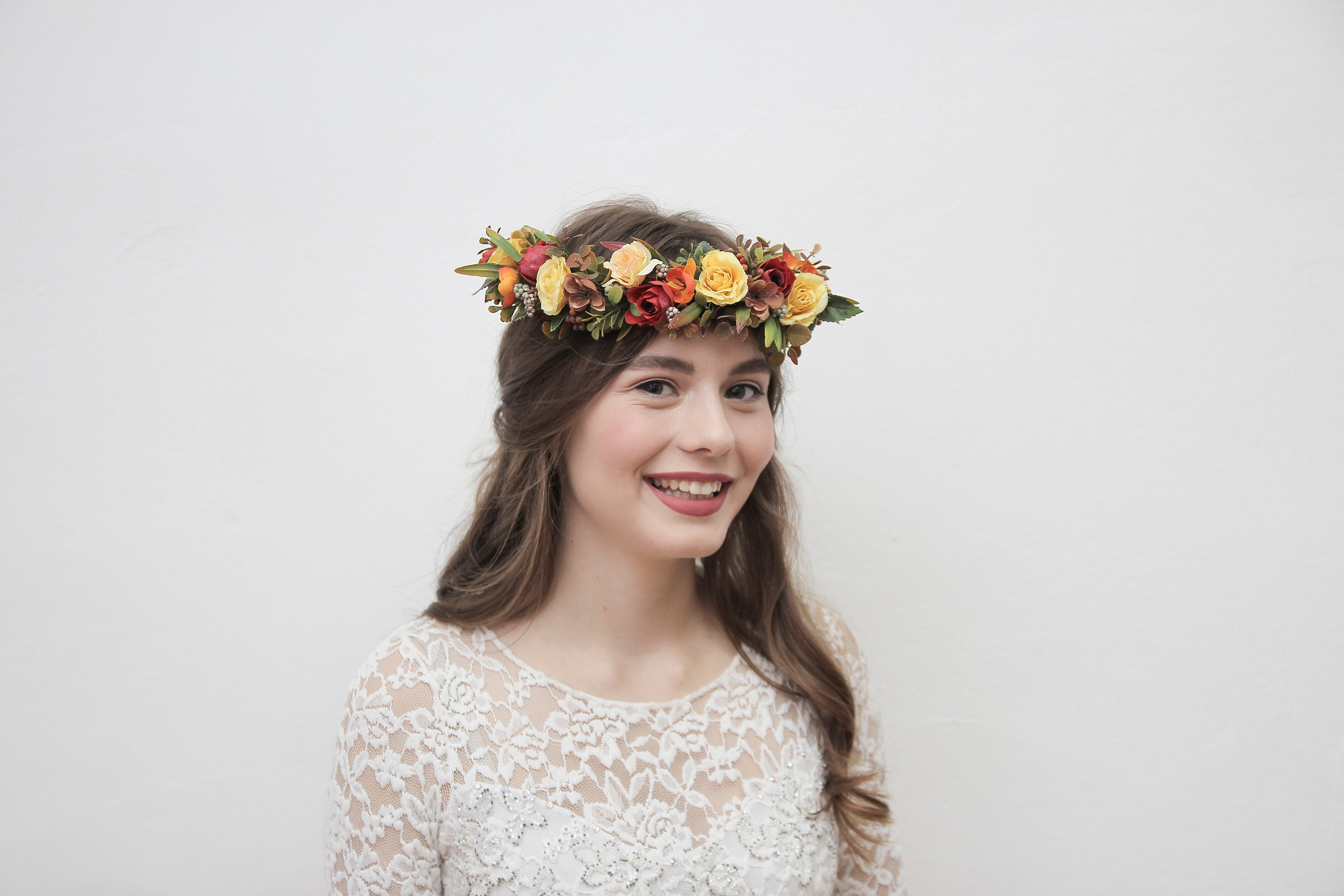 Bridal Flower Crown, Fall Crown, Rustic Floral Headpiece, Yellow Orange ...