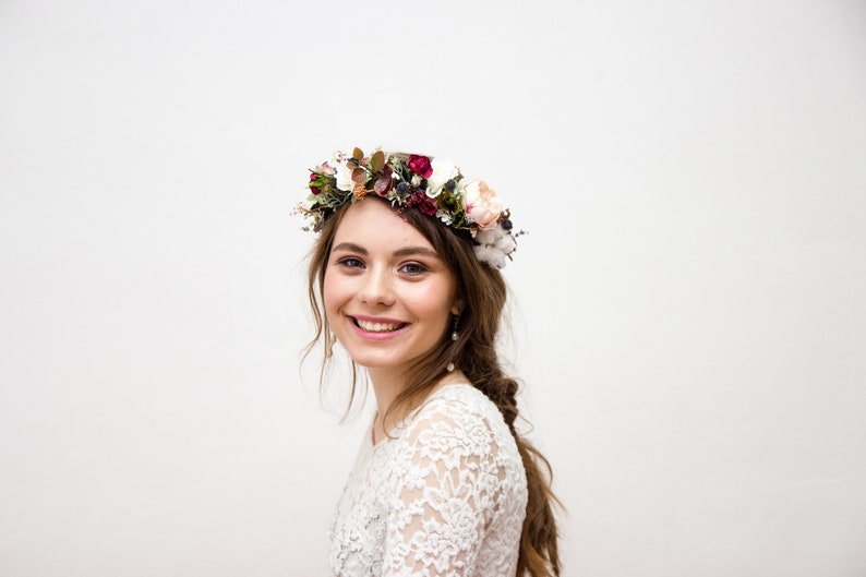 Beige Wedding, Burgundy Flower Crown, Fall Flower Headband, Bridal ...