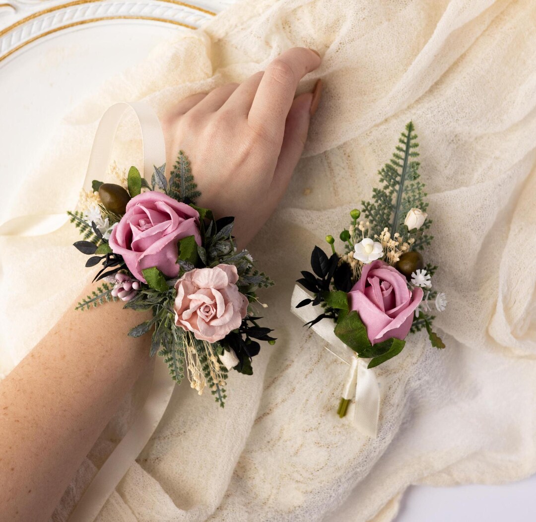 Prom Corsage, Boutonniere for Men, Flower Wrist Corsage, Pink Corsage ...