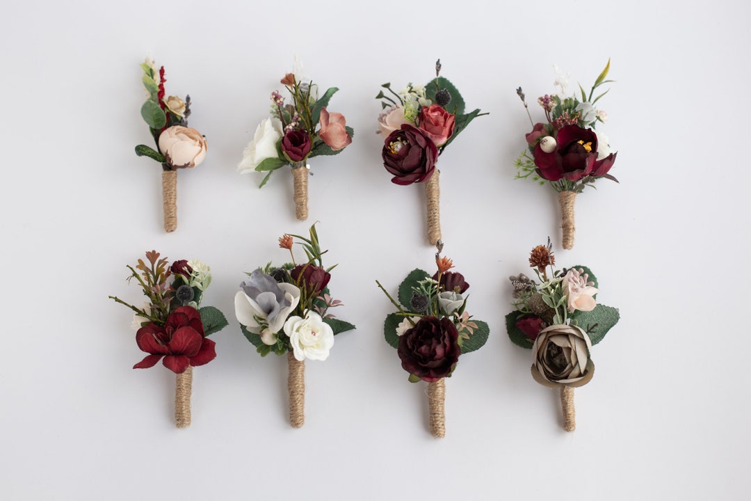 Boutonniere, Burgundy Groomsmen Buttonhole, Grooms Boutonniere Set ...