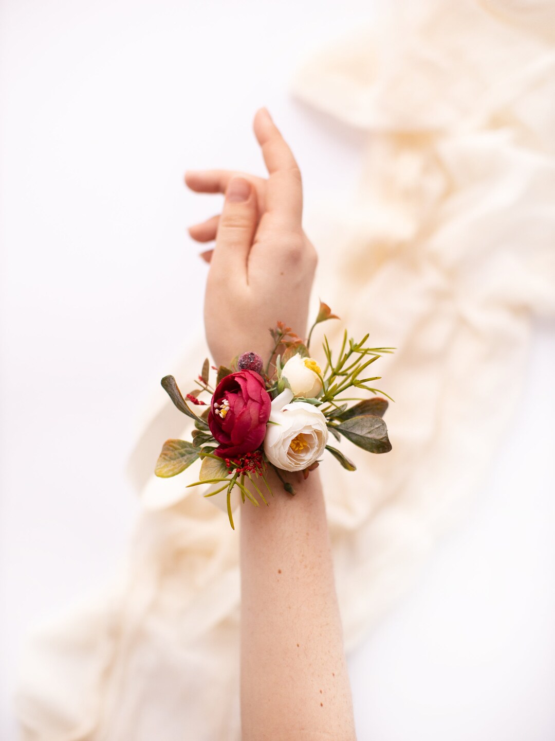 Burgundy Wrist Corsage, Prom Flower Bracelet, Maroon Wrist Corsage ...