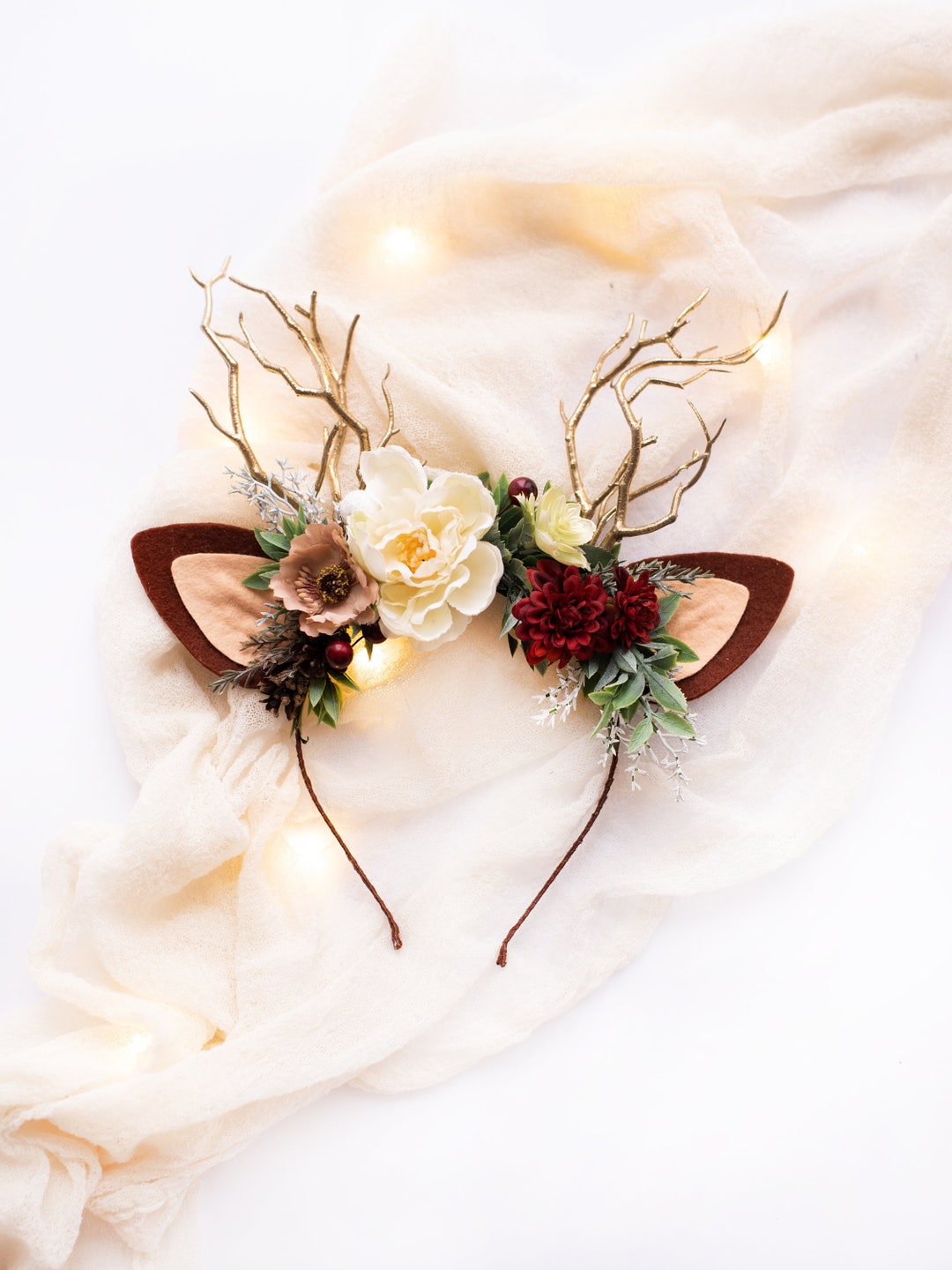 Burgundy Deer Headband, Winter Deer Ears Headband, Flower Deer Horns ...