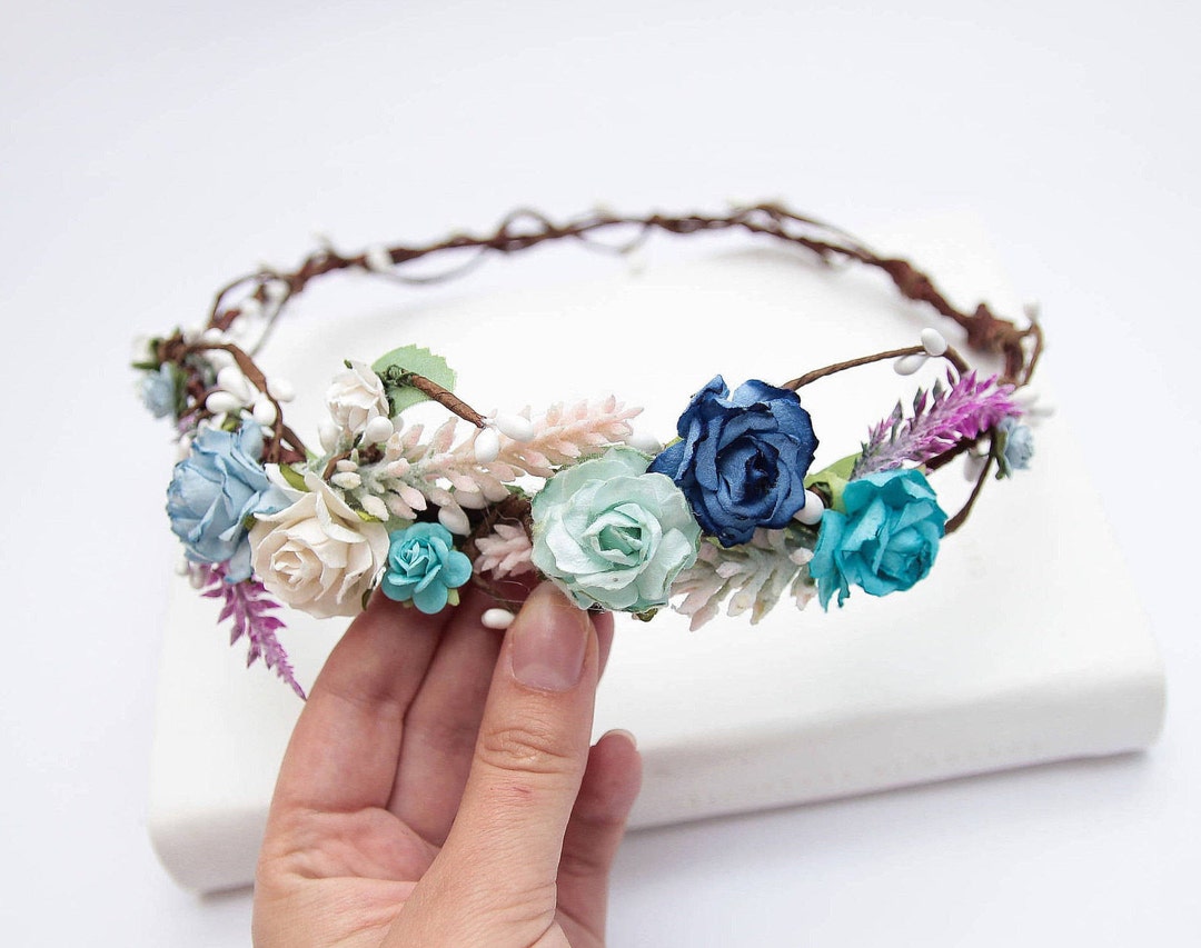 Blue Flower Crown, Boho Flower Crown, Wedding Flower Crown, White ...