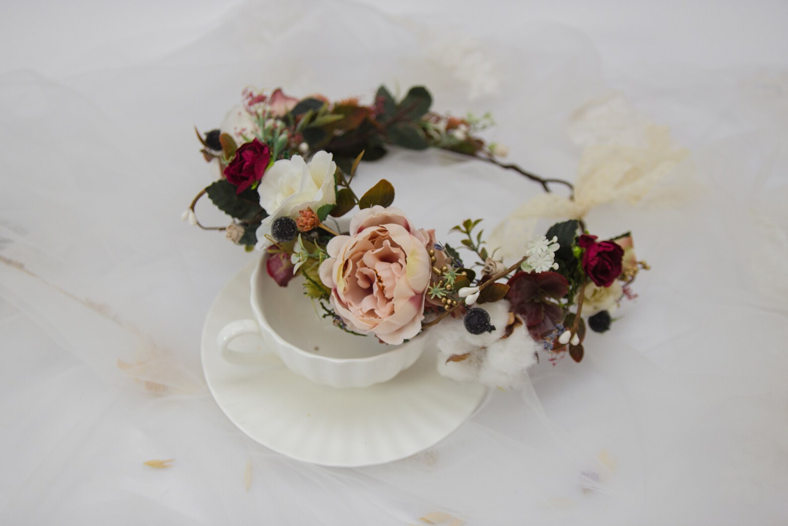 Beige Wedding, Burgundy Flower Crown, Fall Flower Headband, Bridal ...