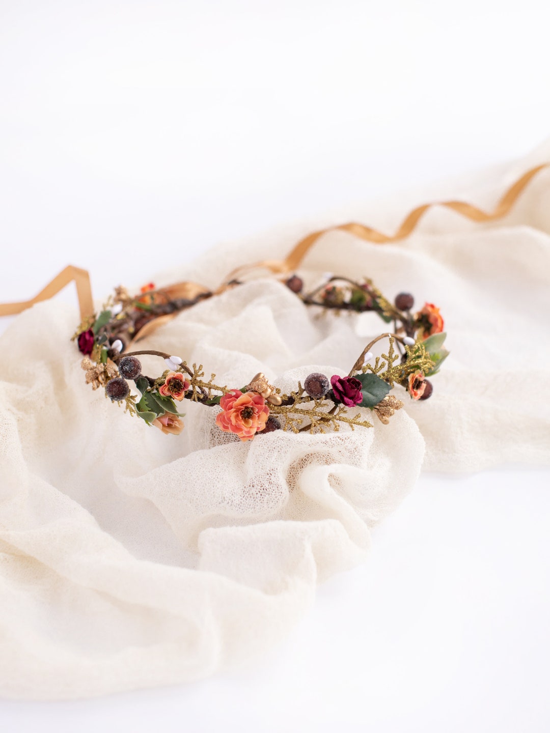 Coral Floral Crown, Bridal Wedding Hairpiece, Burnt Orange Flower Crown ...