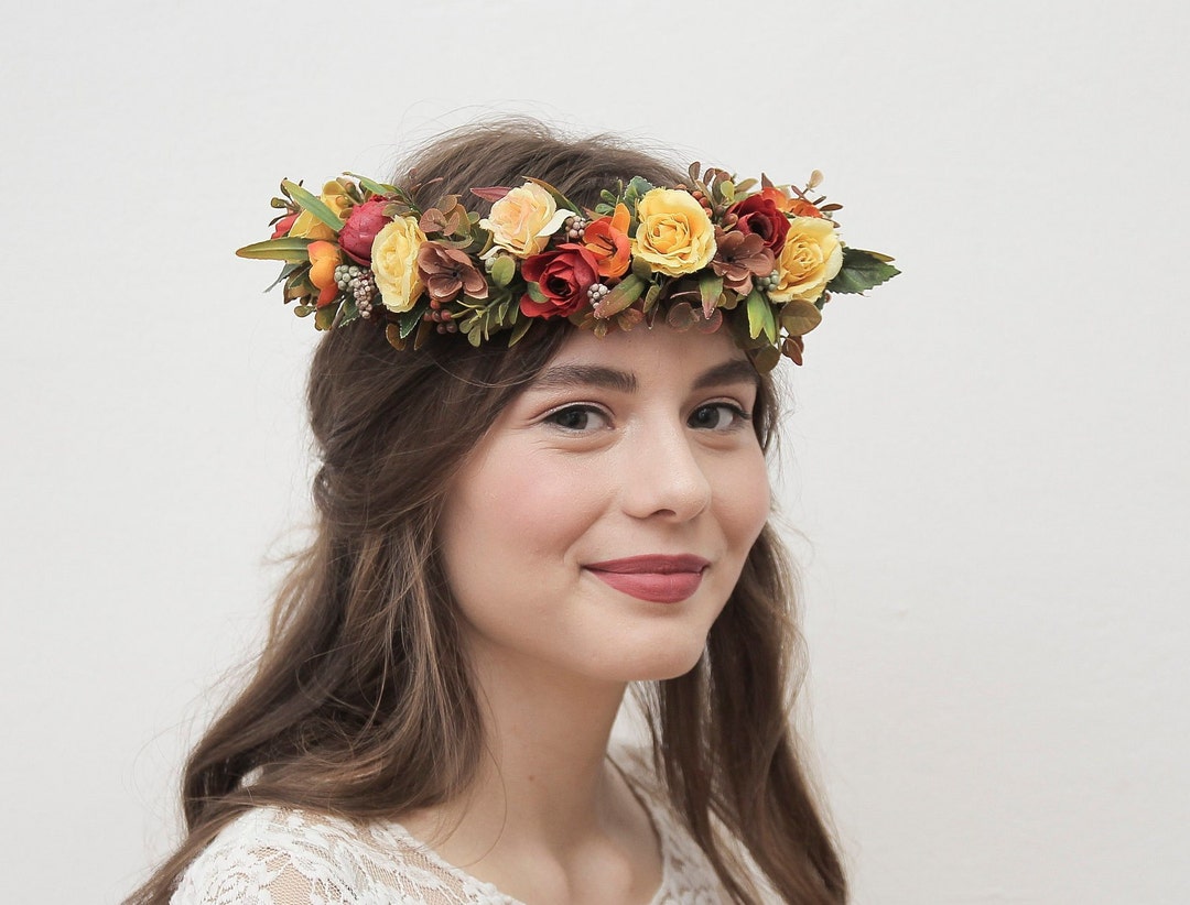 Bridal Flower Crown, Fall Crown, Rustic Floral Headpiece, Yellow Orange ...
