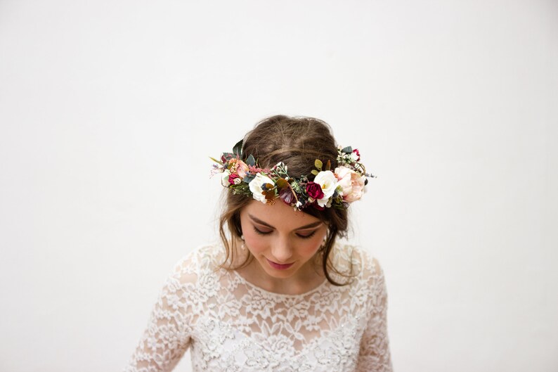 Beige Wedding, Burgundy Flower Crown, Fall Flower Headband, Bridal ...