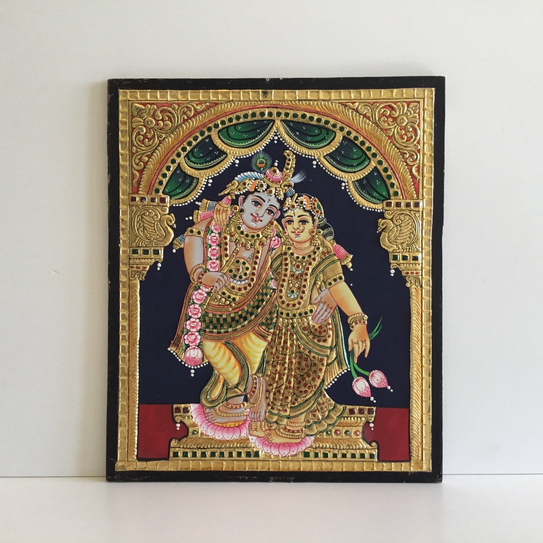 Indu Gods “krishna & Radha” (1950s) Hand Painted, Gold Leaf, Original ...