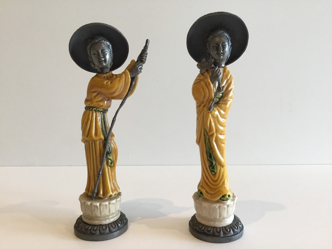 Vintage Italian Figurines | 1940s Majolica & Pewter Pair, Peltro Marked ...