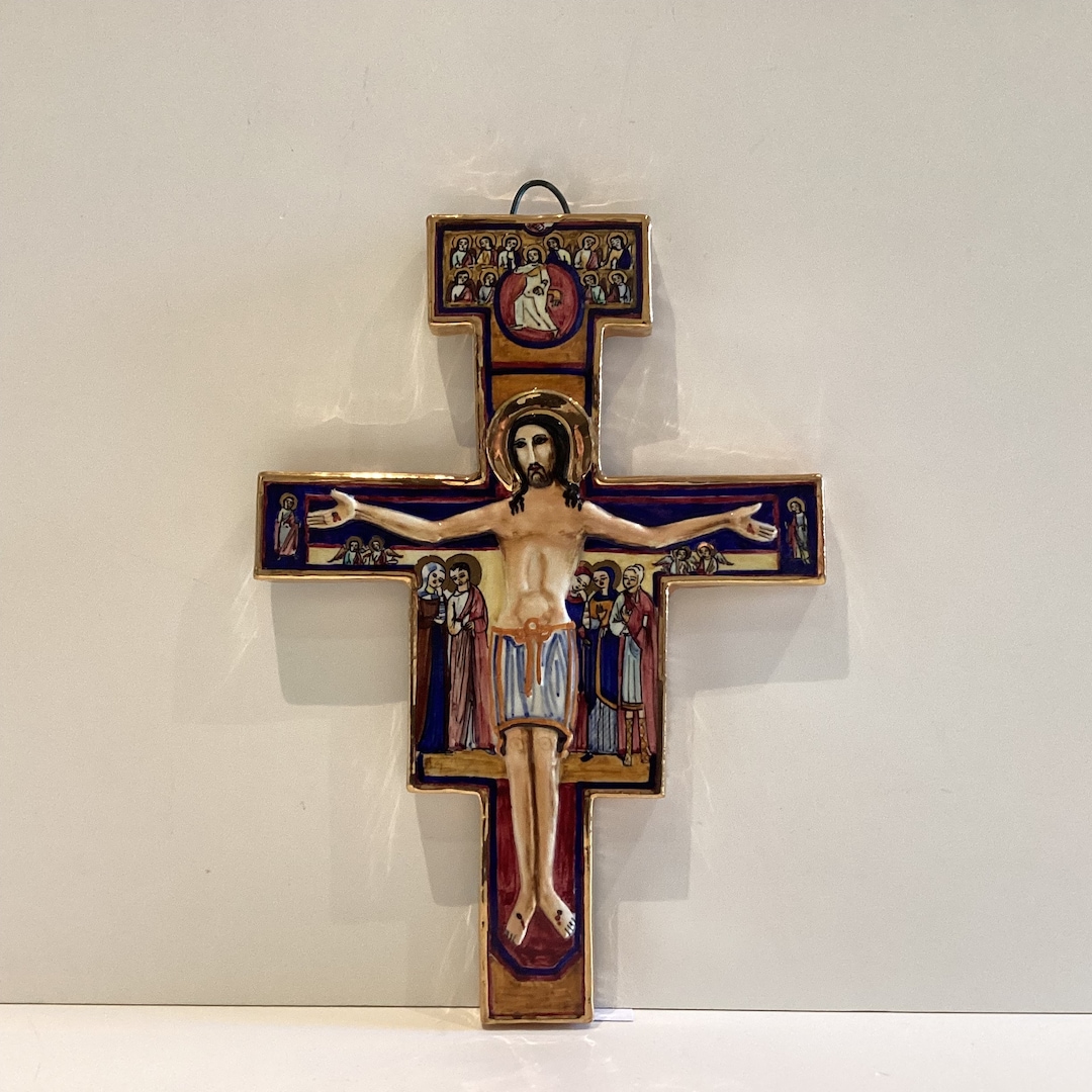 Ceramic Crucifix | 1950s Assisi Italy, San Damiano Handmade Cross Gold ...