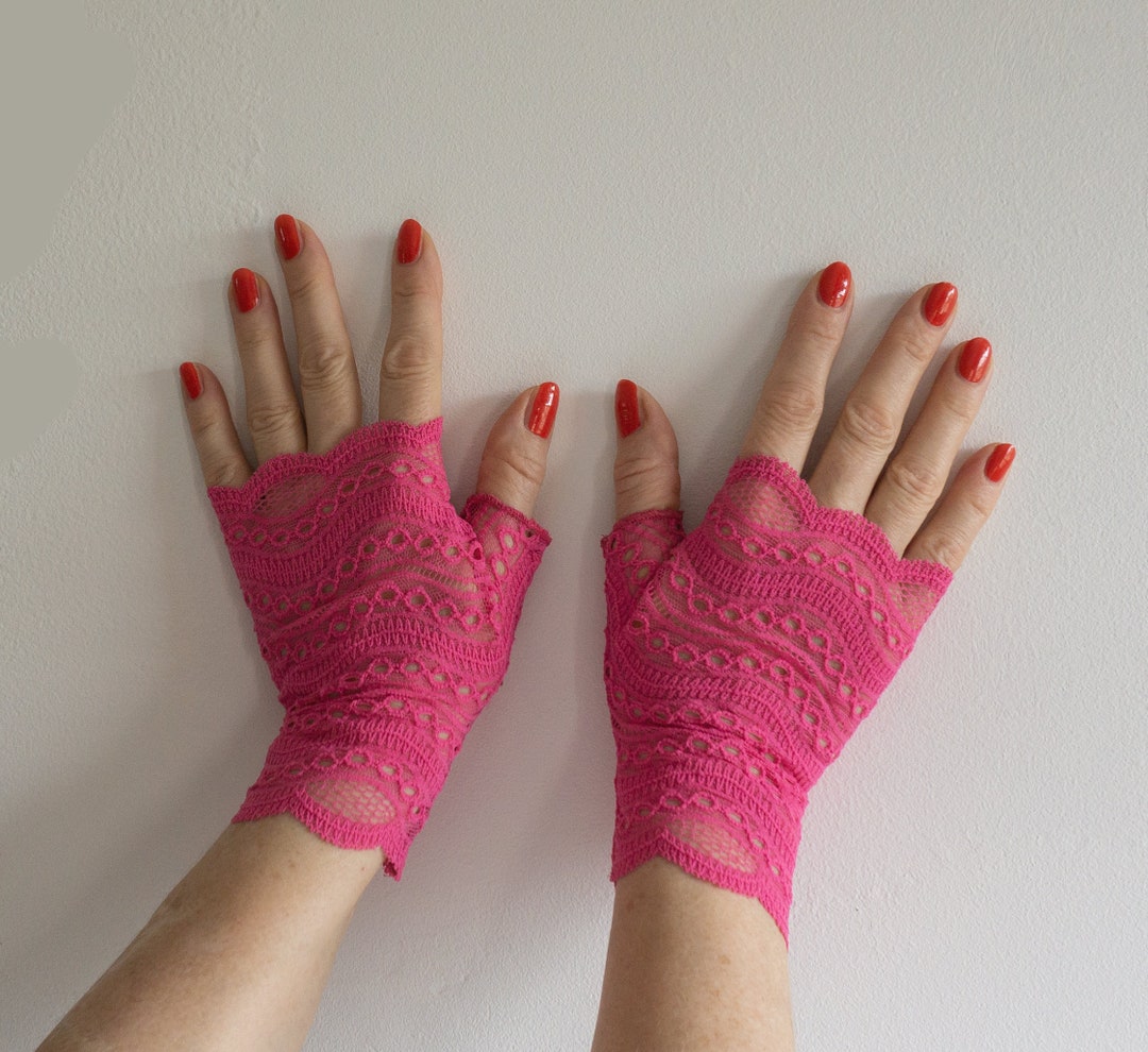 Wrist Warmer Gloves Fingerless Pink Net Lace Size M - Etsy