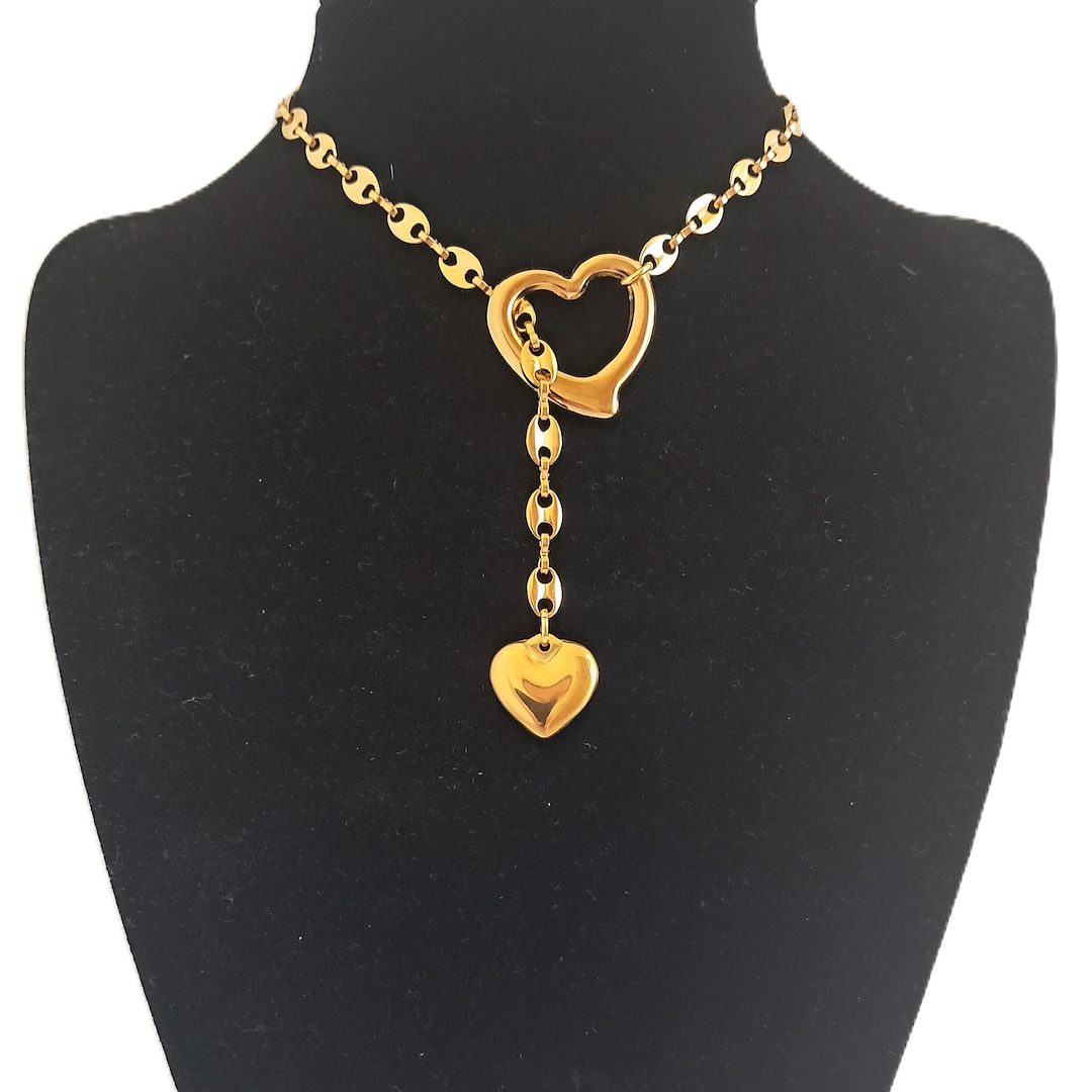 Open Love Heart Lariat Chain Puffed Mariner Necklace - Gold Over ...