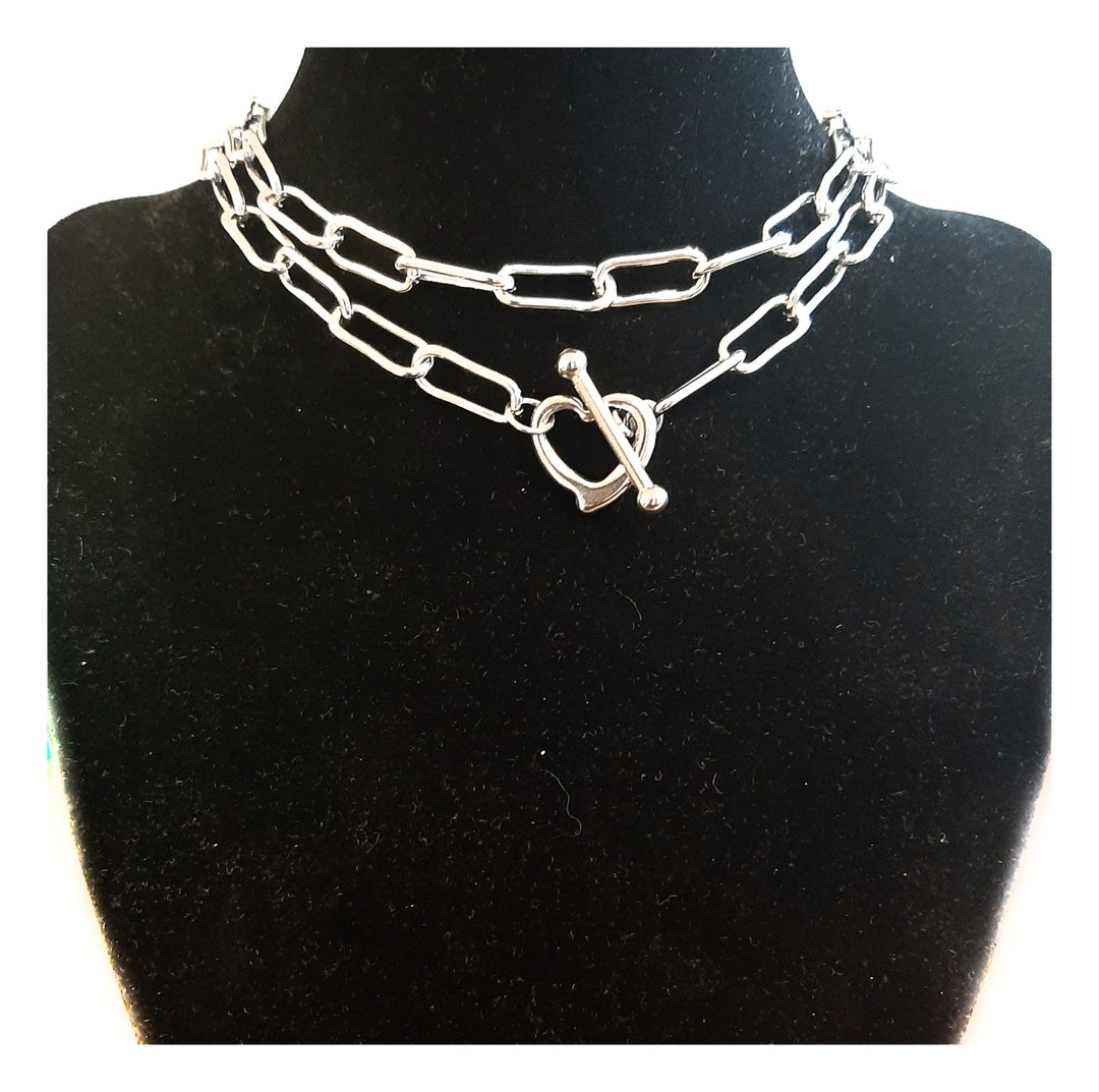 Wrap Around Heart and T Bar Toggle Paperclip Link Chain Necklace ...