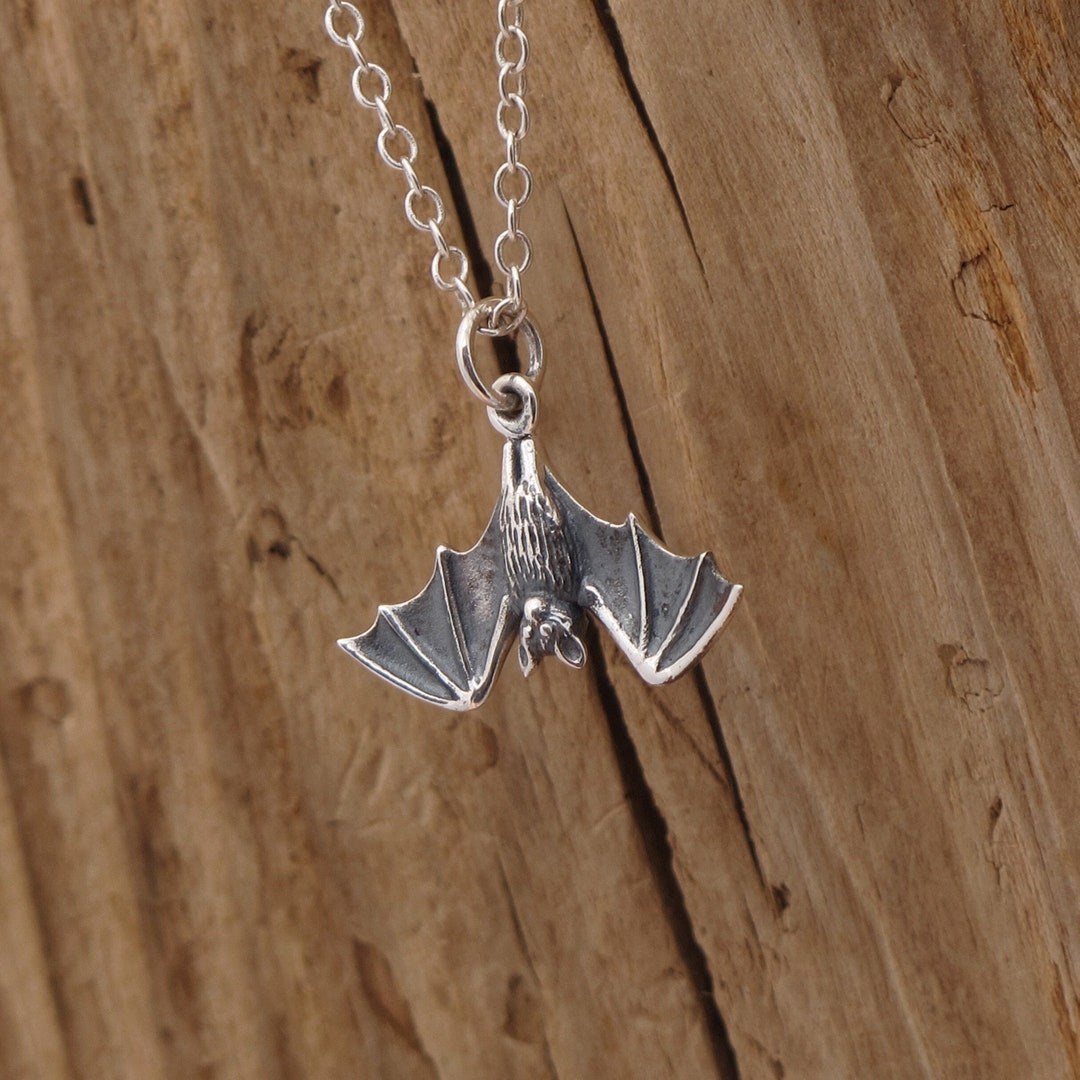 Hanging Bat Pendant Necklace Realistic Sterling Silver Gift Box Gothic ...