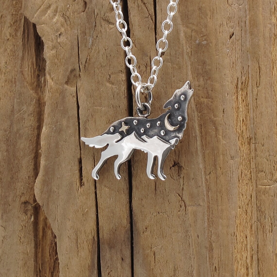Howling Wolf Pendant Necklace Moon Star Sterling Silver Bronze ...