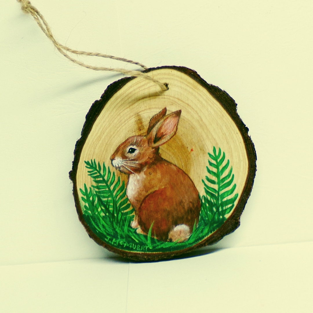 Hand Painted RABBIT Ornament Wood Slice Forest Animal Woodland Wildlife ...