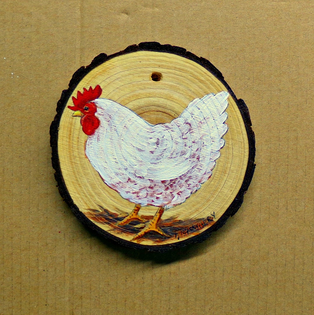 Hand Painted WHITE HEN on Wood Slice Ornament Farmhouse Wall Art ...