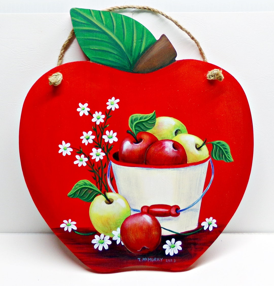 Hand Painted Large Wooden Red Apple Wall Hanging FALL HARVEST of Enamel ...