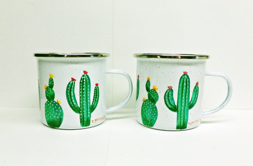 PAIR Hand Painted CACTUS White Enamelware MUGS Cups Unique Coffee Mugs ...