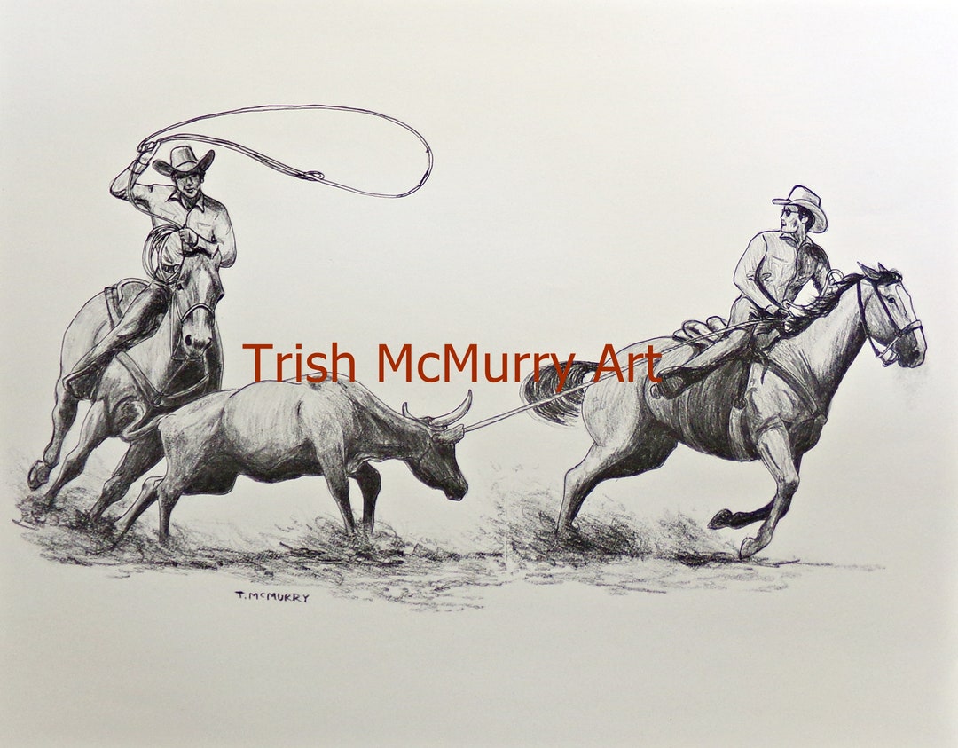 Vintage 1980s Team Roping Print: Black and White Cowboy Rodeo Art - Etsy