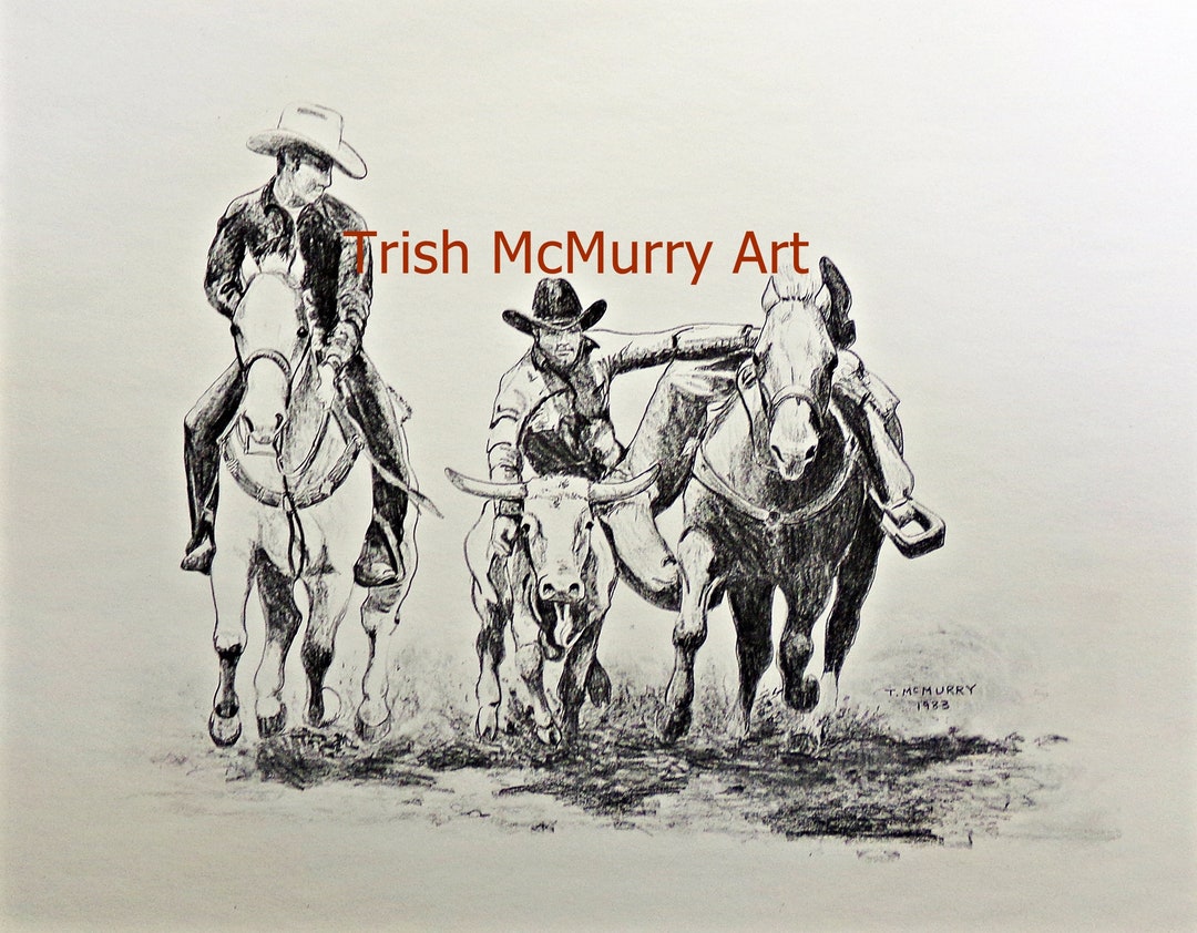 Vintage 1980s Steer Wrestling Print: Rodeo Cowboy Art, Rustic Ranch ...