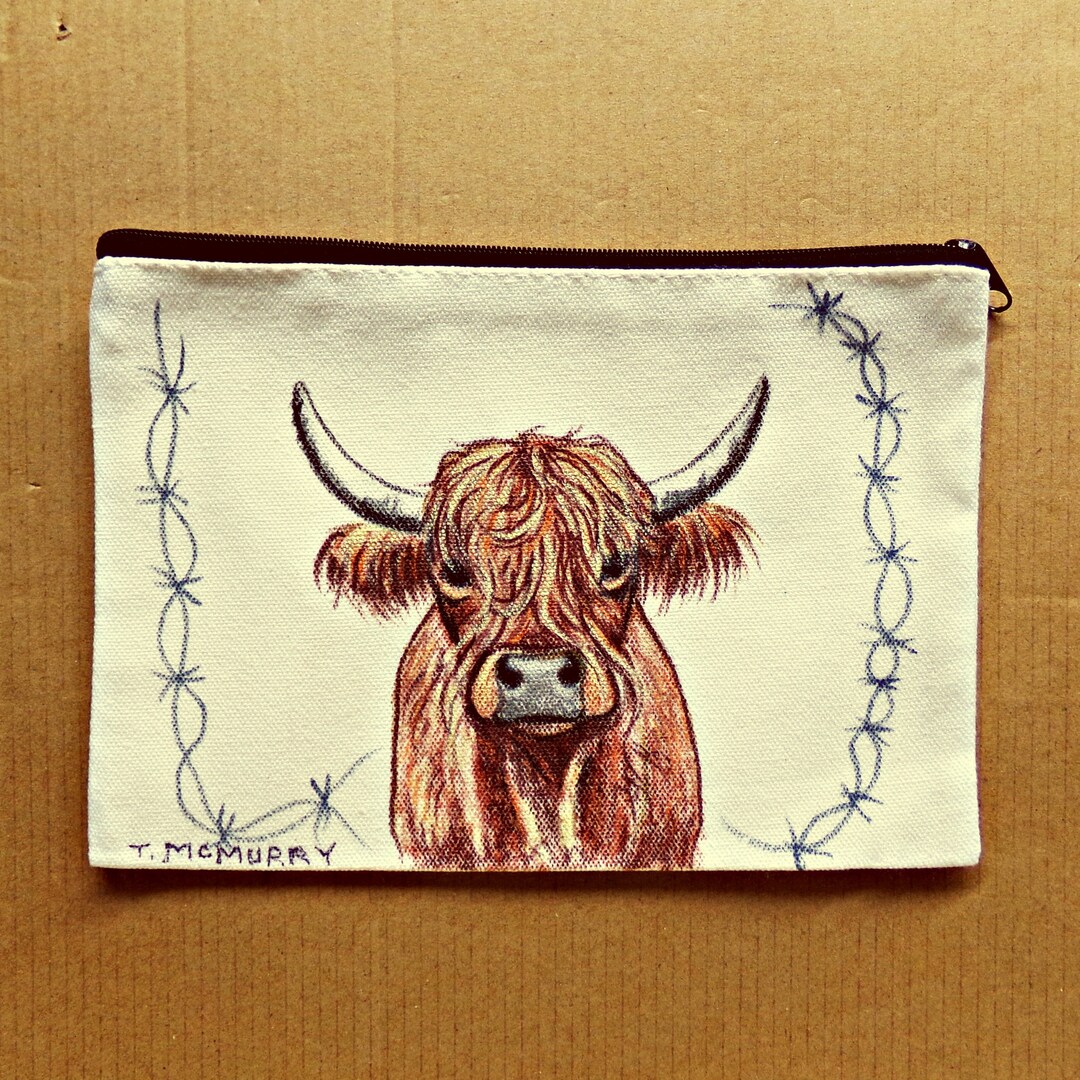 Hand Painted HIGHLAND COW on Canvas Zippered POUCH Pencil Pouch ...