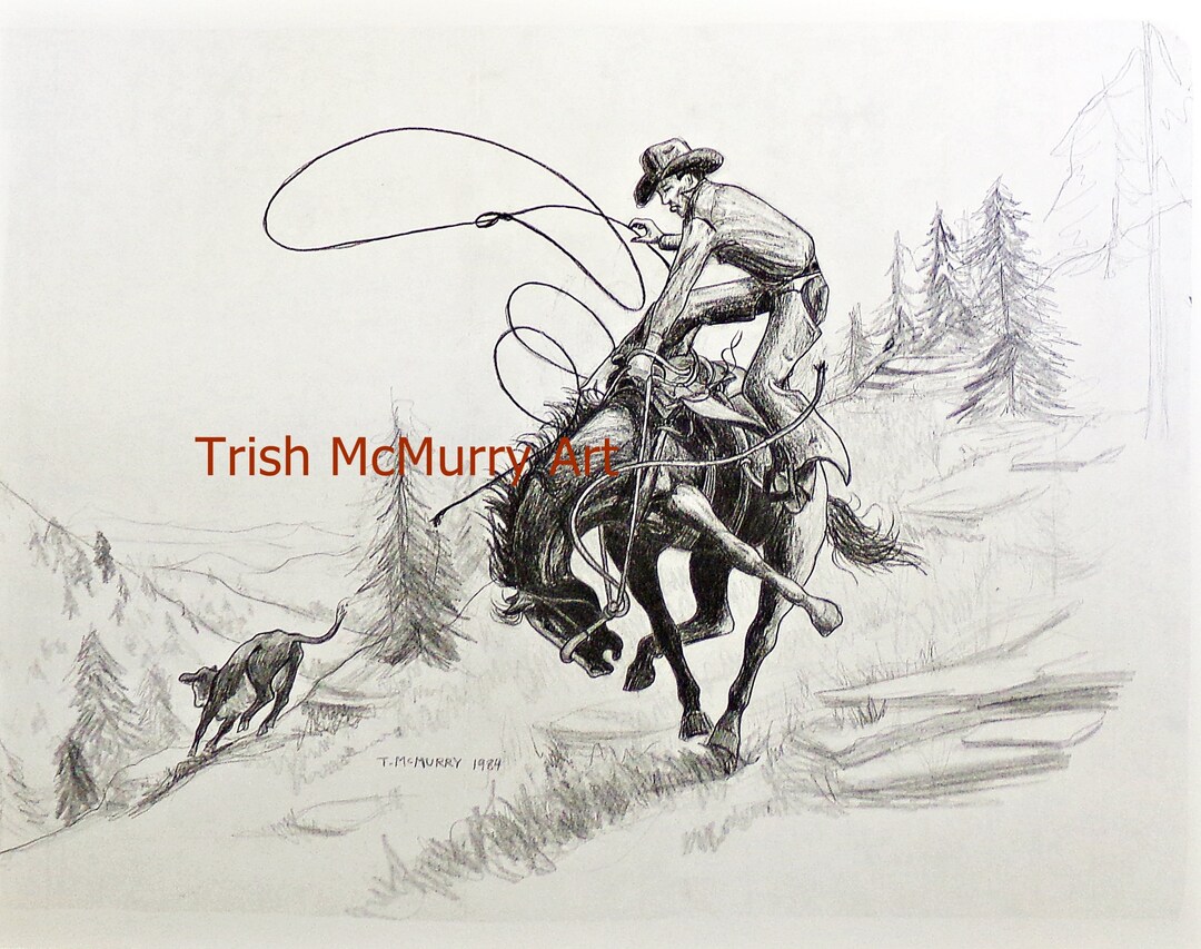 Print of VINTAGE 1980s Drawing of COWBOY BRONC Roping Wreck Ranch Rodeo ...
