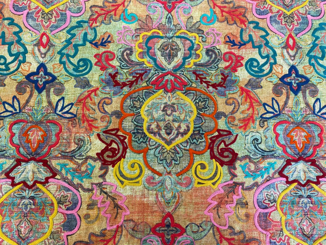 Vibrant Multi Color Floral Damask Semi-embroidery on Fine 100% Linen ...