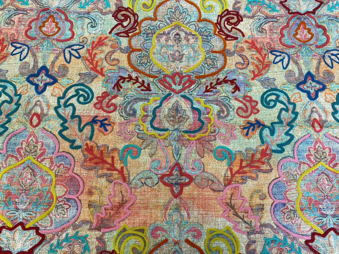 Vibrant Multi Color Floral Damask Semi-embroidery on Fine 100% Linen ...