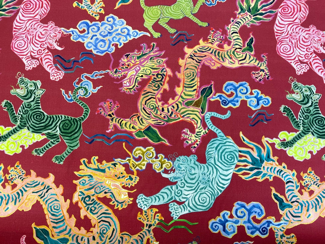 Vibrant Multi-color Chinese Dragons and Tigers on Cherry Red Fine 100% ...