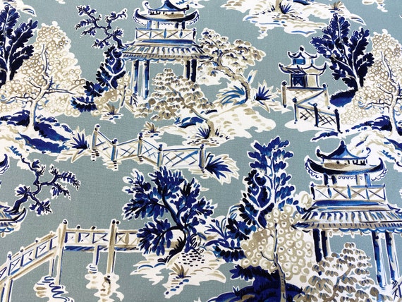 Water Blue East Asian Chinoiserie Toile on Fine 100% Cotton - Etsy
