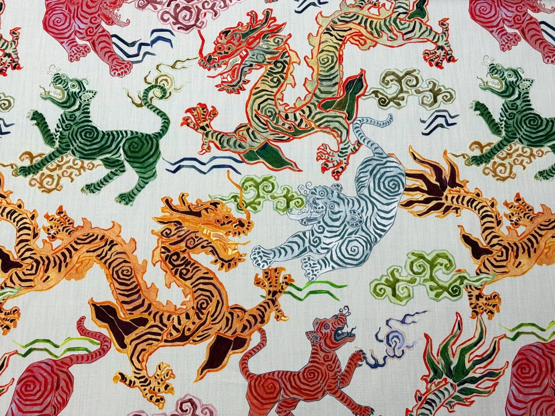 Vibrant Multi-color Chinese Dragons and Tigers on Oyster Fine 100% ...