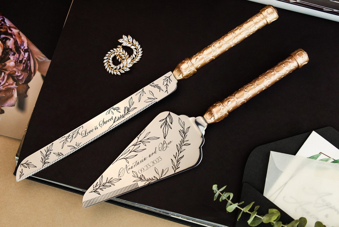 Engraved Cake Server Set Rose Gold Wedding Cake Knife Cutter ...