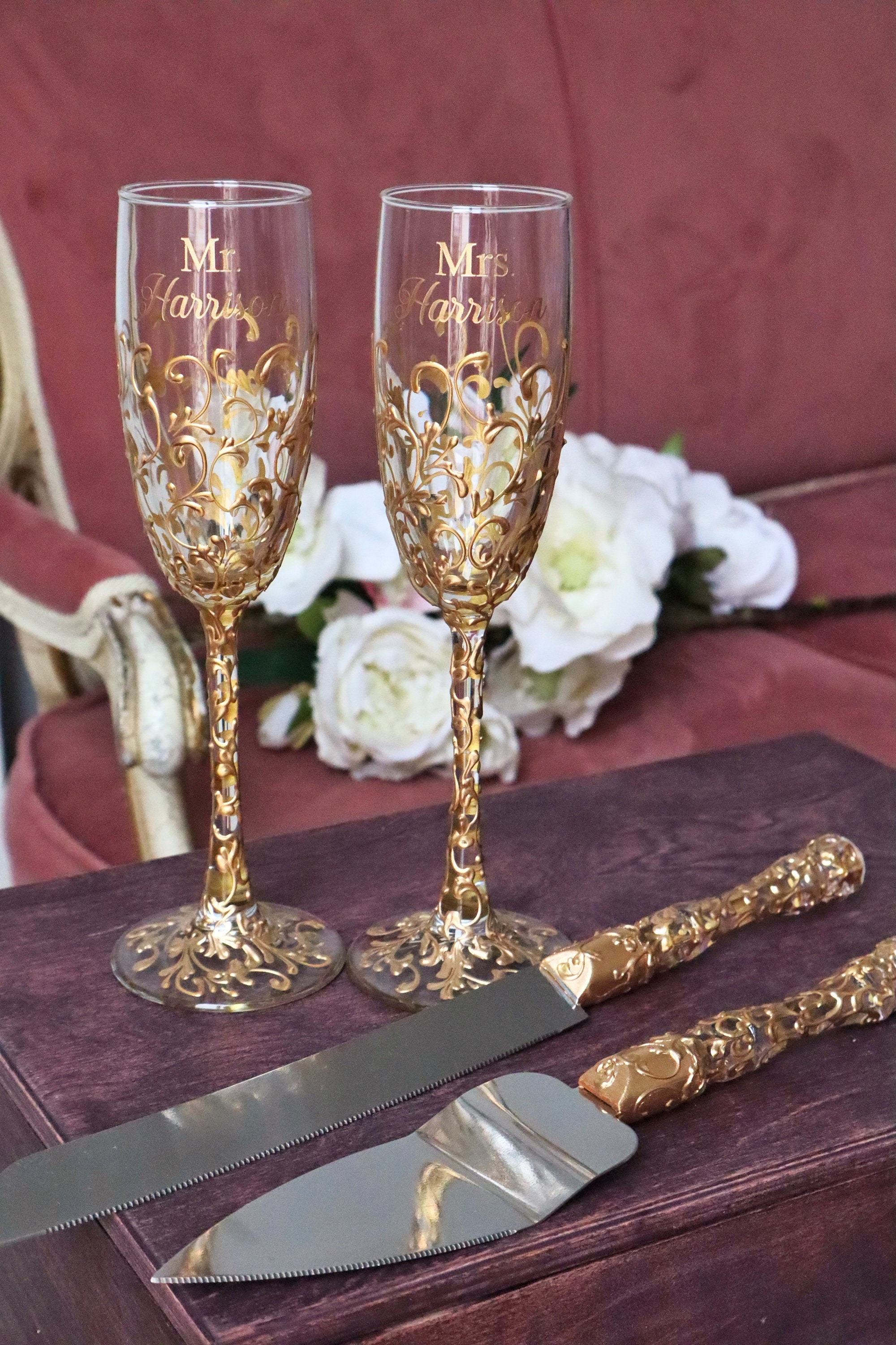 Personalized Wedding Glasses and Cake Server Set Cake Cutter | Etsy