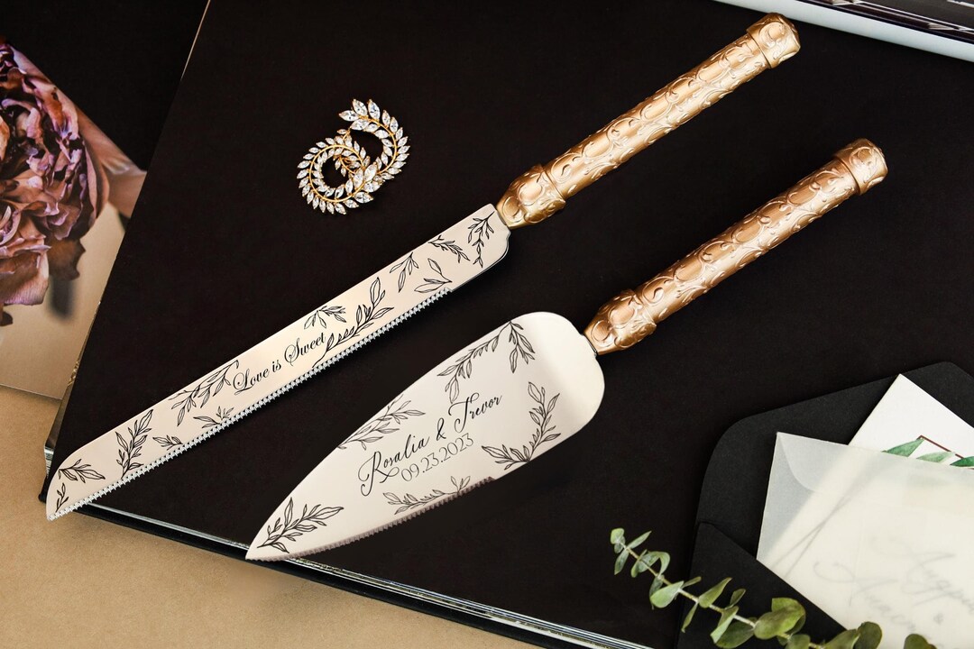 Engraved Cake Server Set Decorarions Wedding Cake Knife Cutter ...