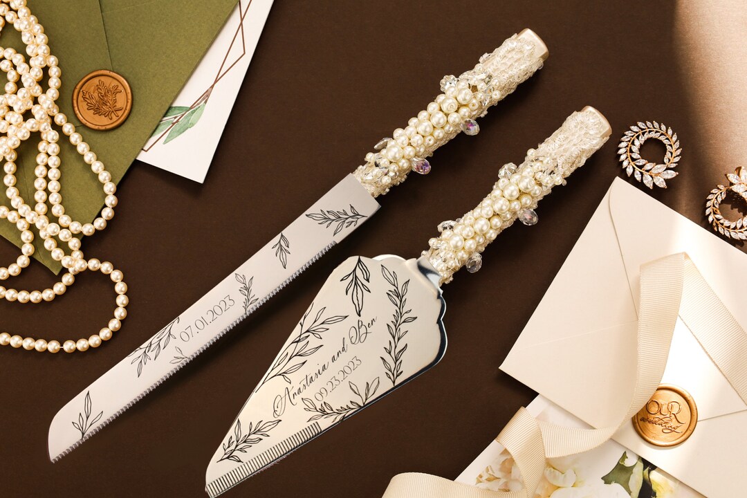 Rustic Wedding Cake Cutting Set Pearls Decorations Wedding Cake Knive ...