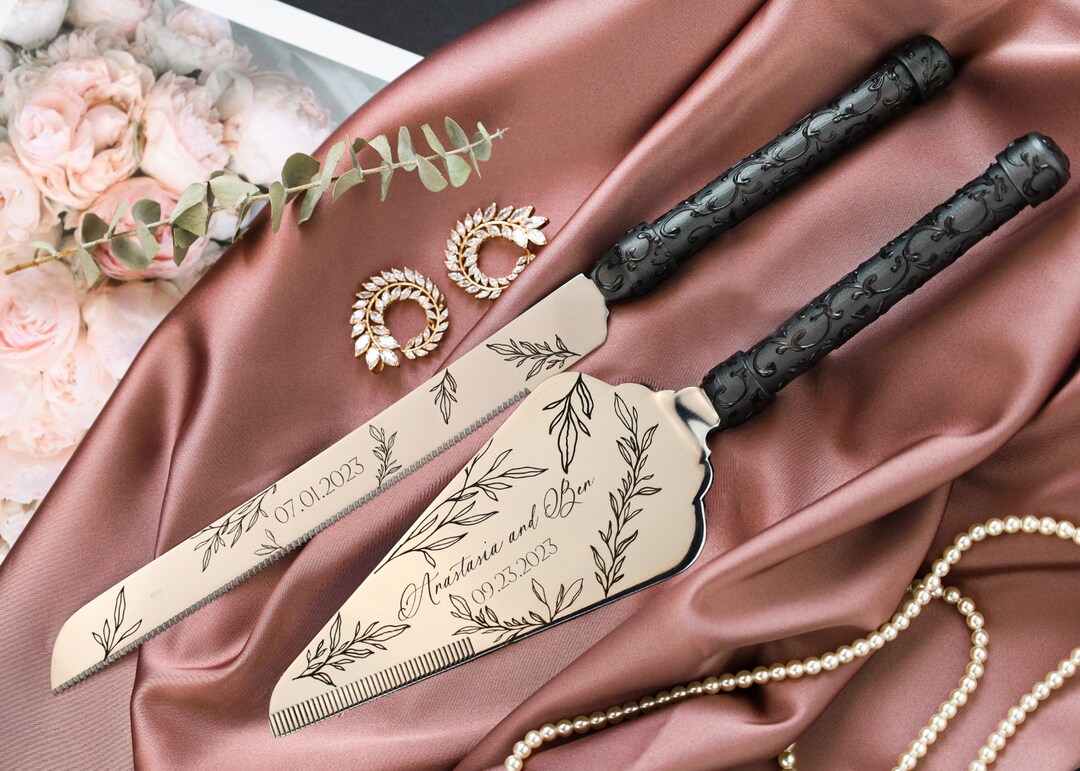 Engraved Cake Server Set Black Gothic Wedding Cake Knife Cutter ...