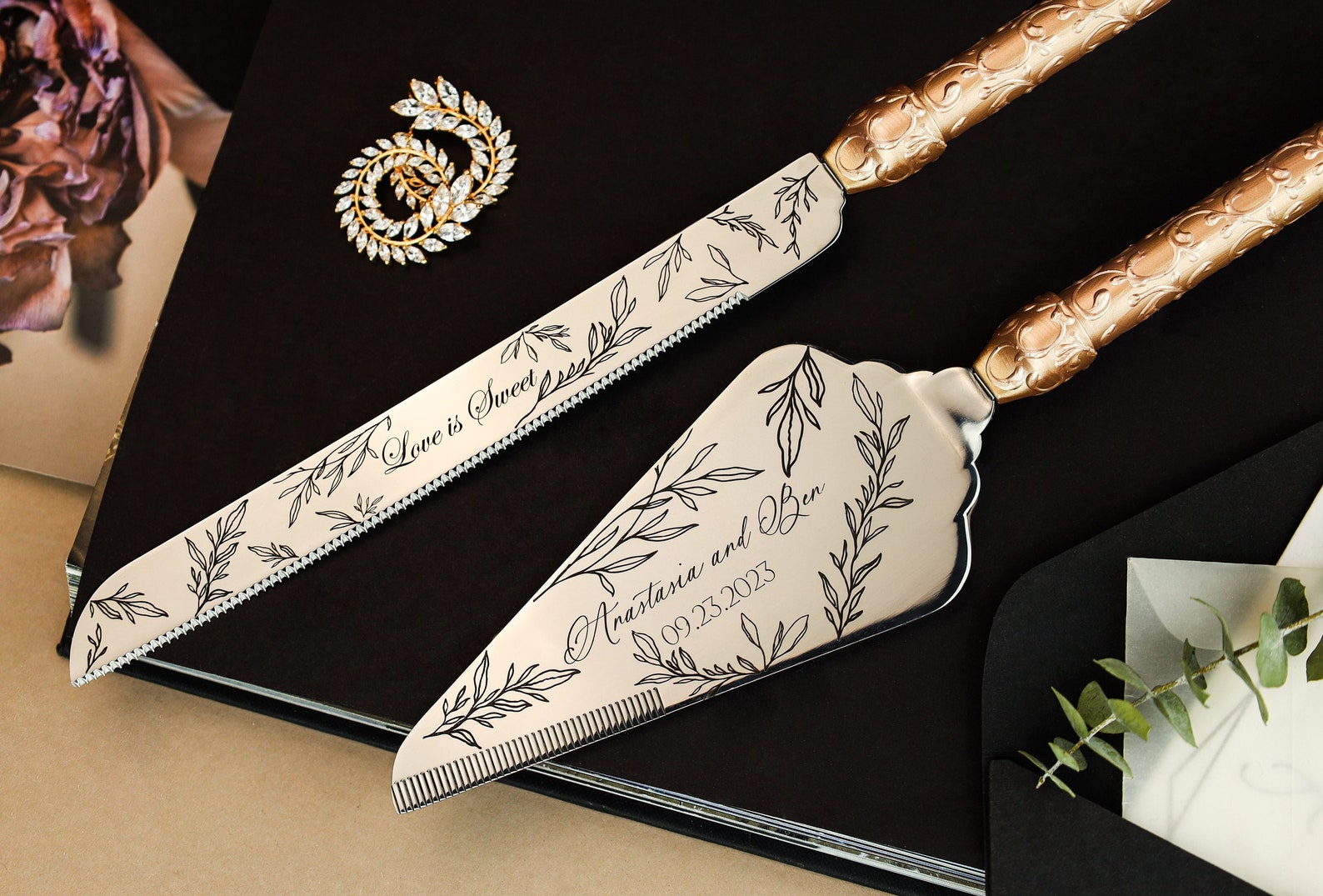 Engraved Cake Server Set Rose Gold Wedding Cake Knife Cutter - Etsy