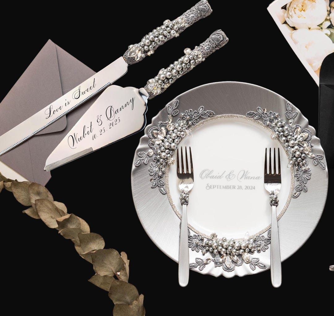 Engraved Cake Cutter Set Pearls Wedding Cake Knife Set Personalized ...