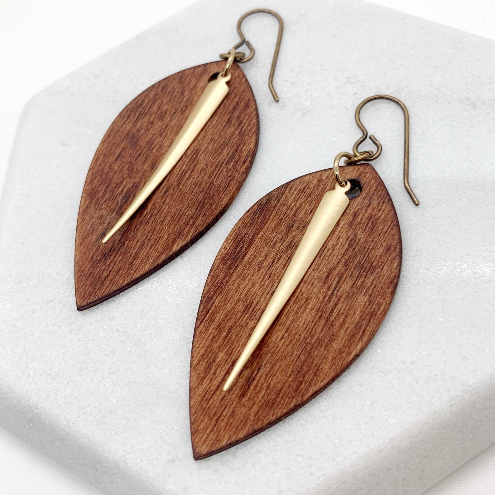 Wood Leaf Drop Dangly Earrings With Gold Tone Pendant Etsy