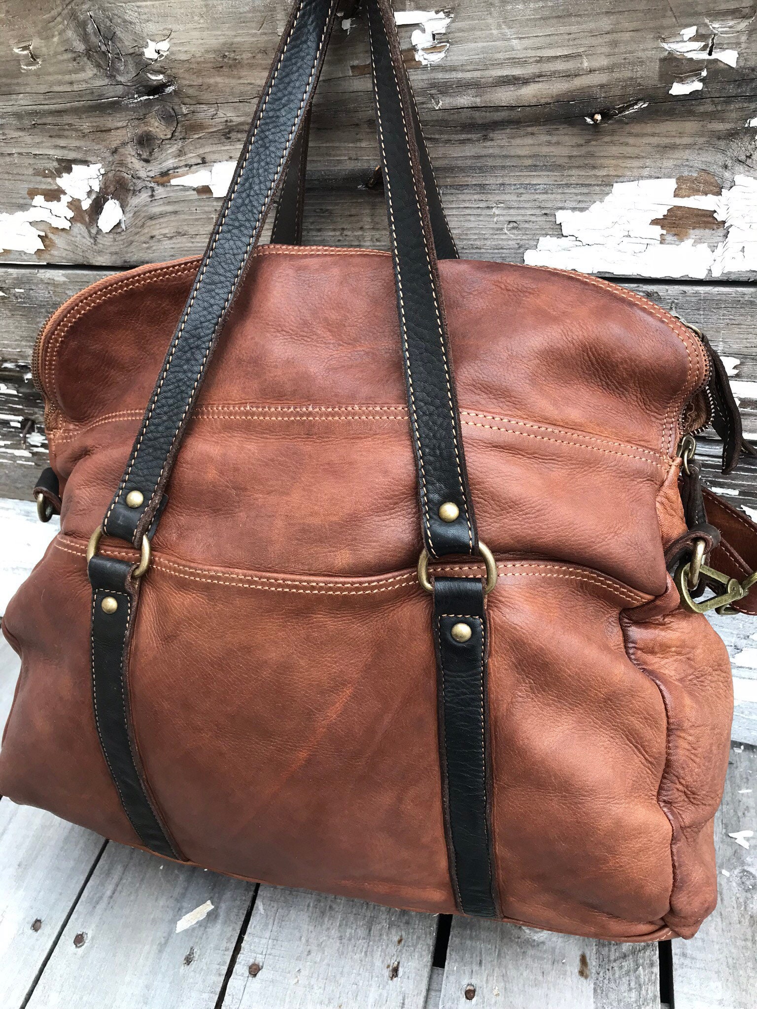 Large Cognac Vintage Italian Leather Satchel Handbag Dark | Etsy