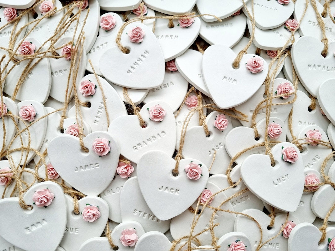 Personalised Clay Heart Favours, Wedding Favour Hearts, Heart Wedding ...