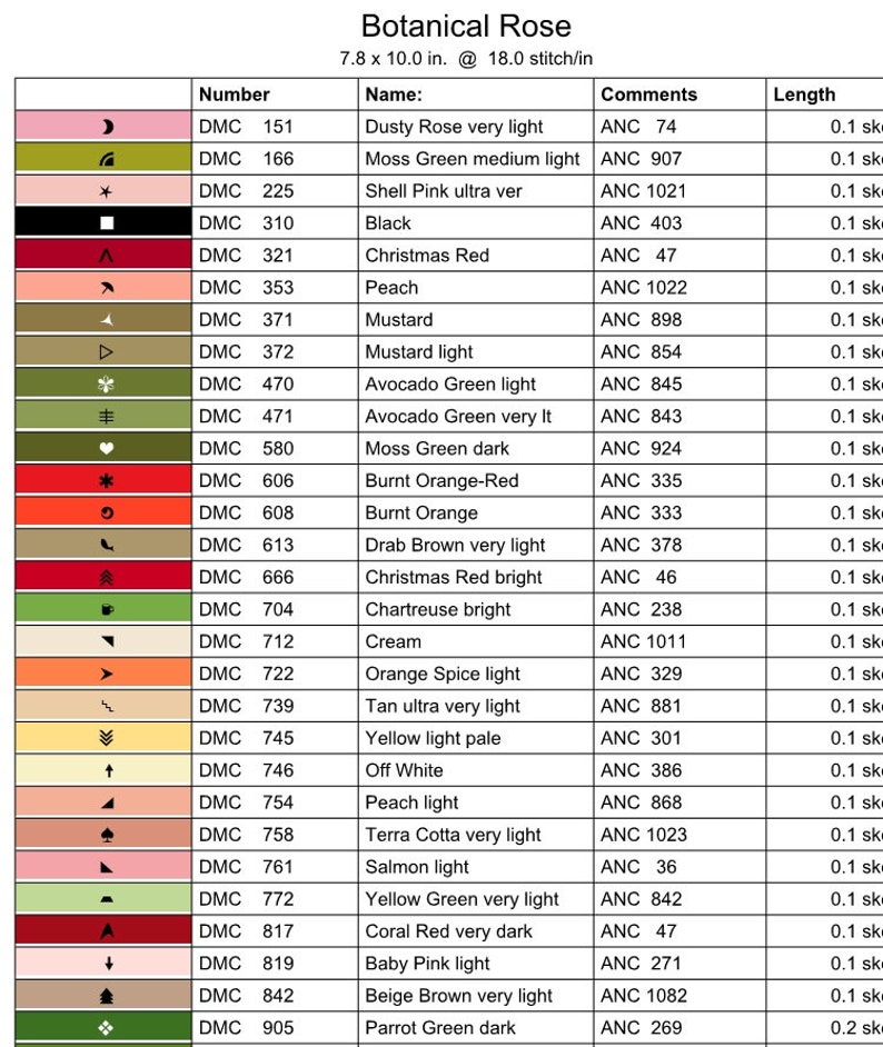 BOTANICAL ROSE Cross Stitch Pattern (approx. 7.8"x 10")(enlarged Color ...