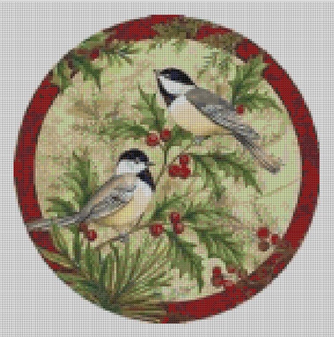 CHRISTMAS CHICKADEES Cross Stitch Pattern (approx. 10"x 8.5")(enlarged ...