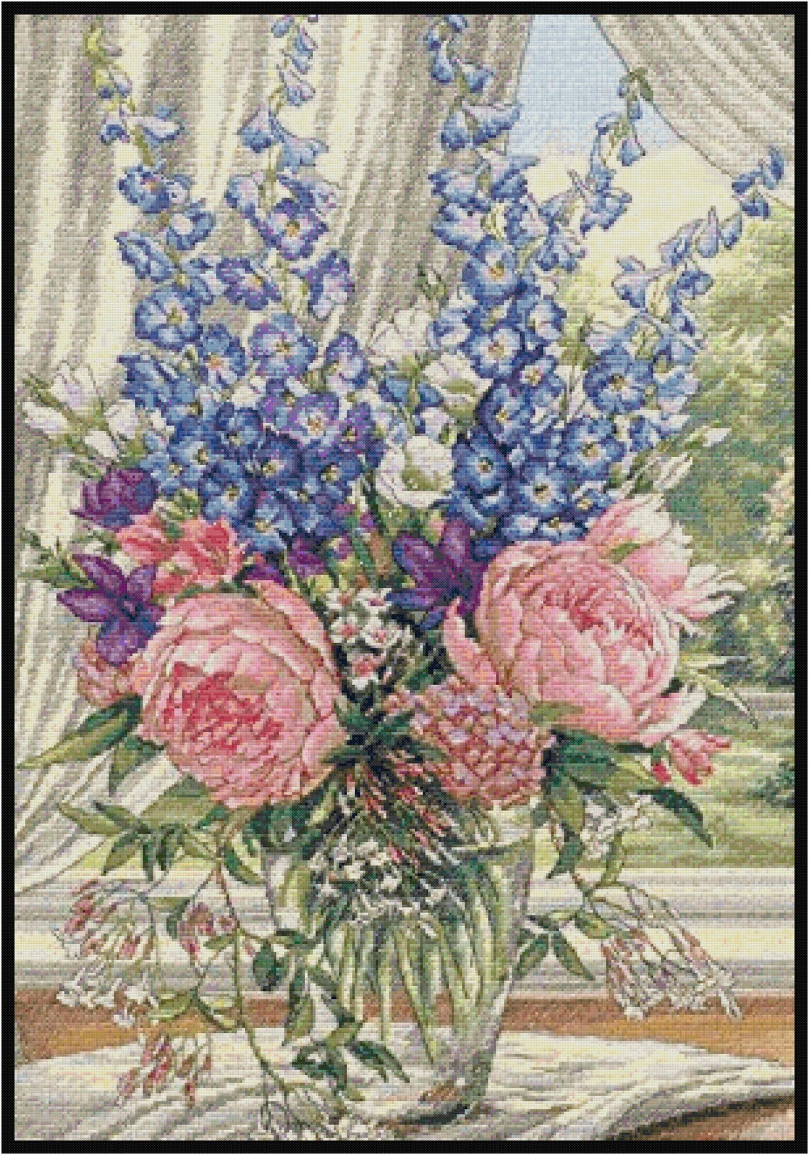 Large PEONIES and LARKSPUR Cross Stitch Pattern (approx. 14"x 20 ...