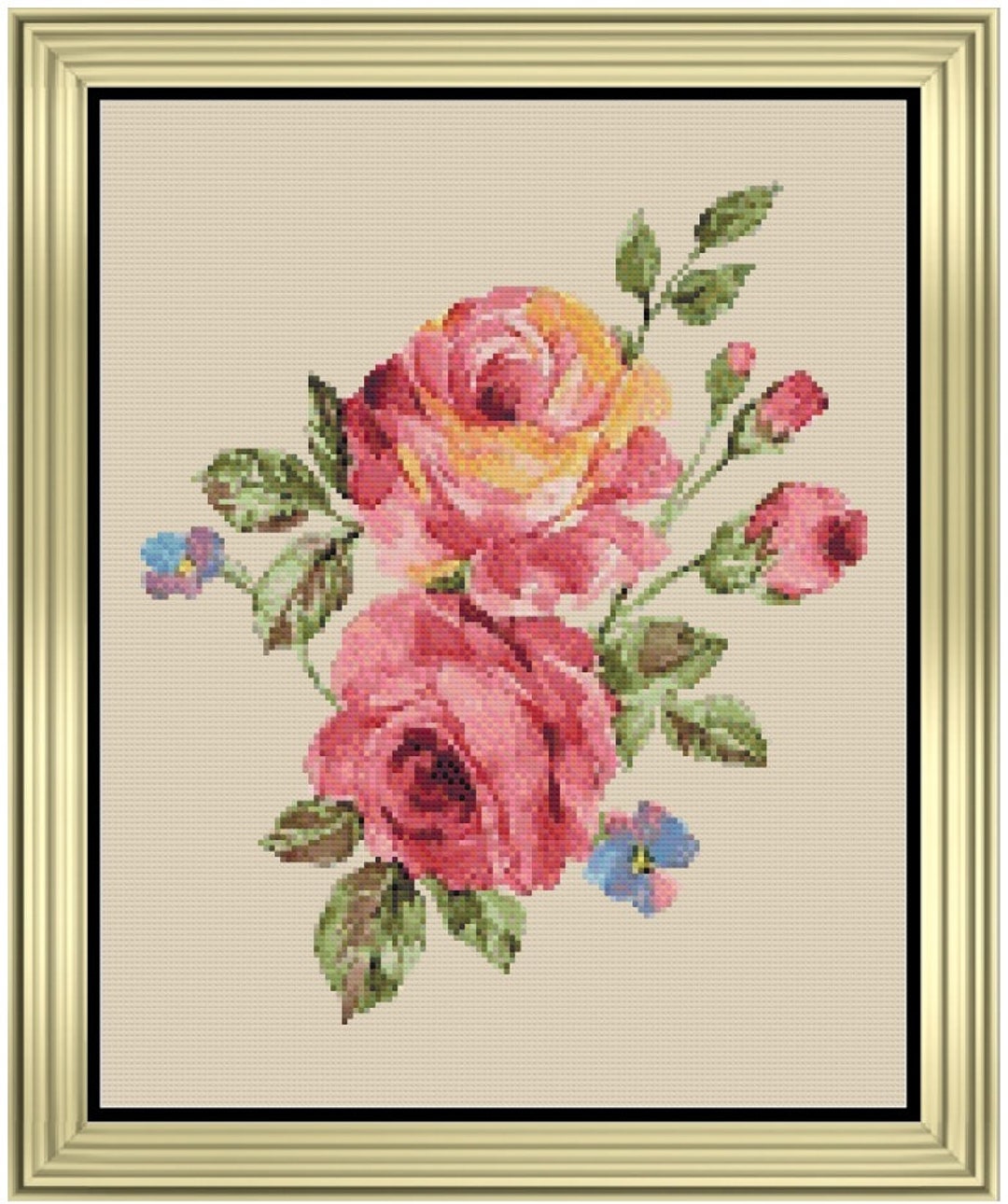 OLD FASHION ROSE Cross Stitch Pattern (approx. 8"x 10")(enlarged Color ...